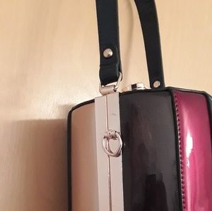 Bags | Barrel Studded Flapper Purse Red Pink Black Nwt | Poshmark